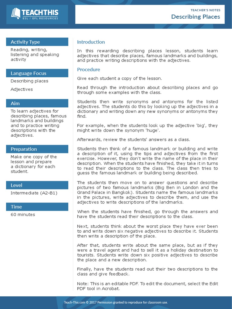Describing Places Lesson | PDF | English As A Second Or Foreign ...