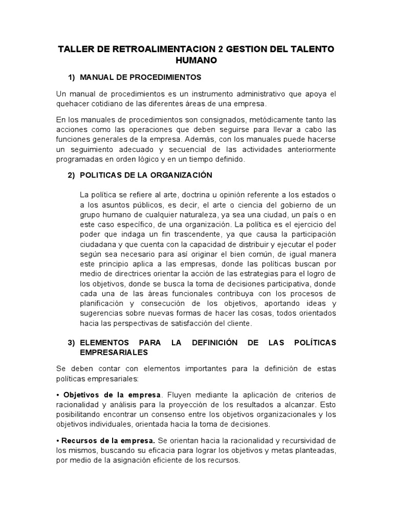 Taller de Retroalimentacion 2 Gestion Del Talento Humano | PDF | Análisis FODA | Empresas