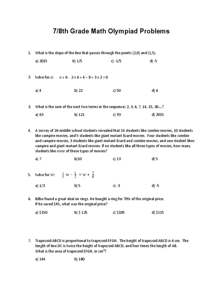 7 - 8th Grade Math Olympiad Problems 1 | PDF | Elementary Geometry ...