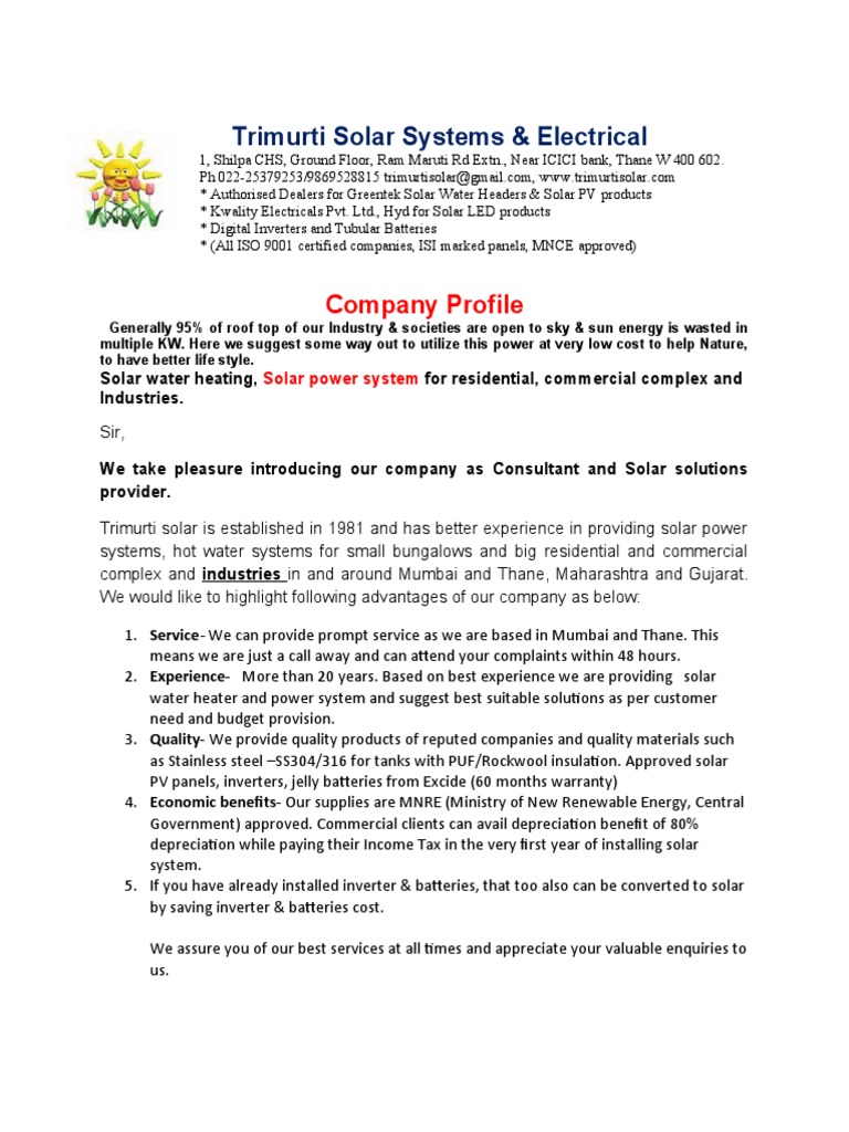 Trimurtisolar Introduction Letter | PDF | Solar Power | Photovoltaic System