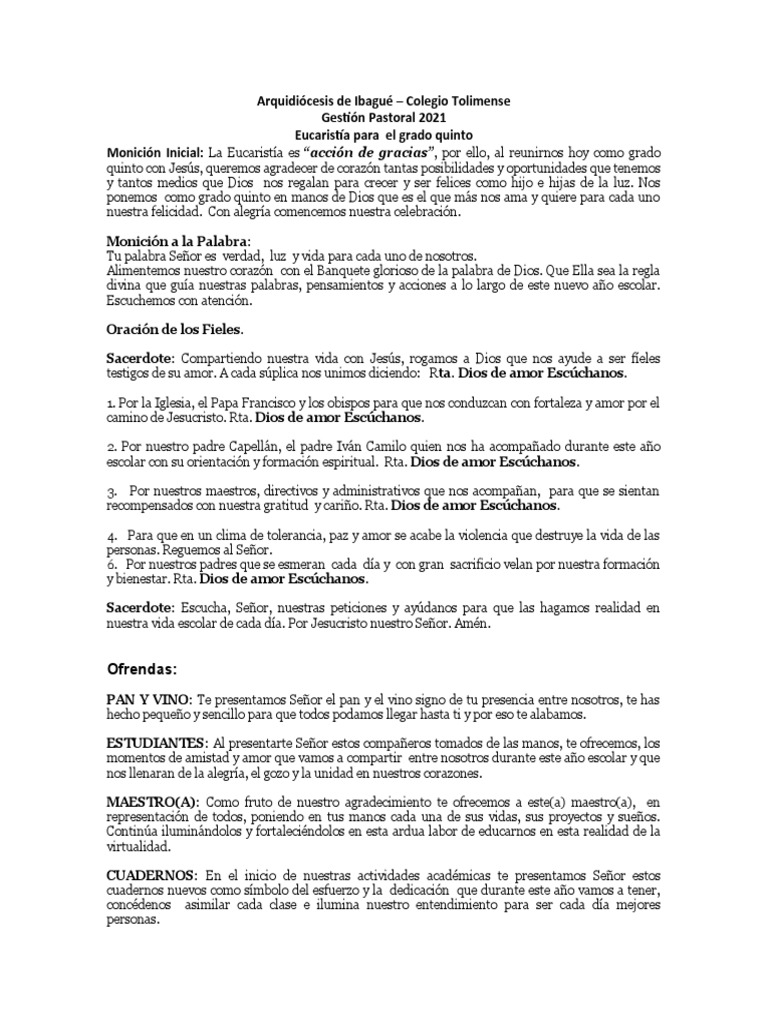 Moniciones para La Misa Con Grados Quinto | PDF | Misa (liturgia ...
