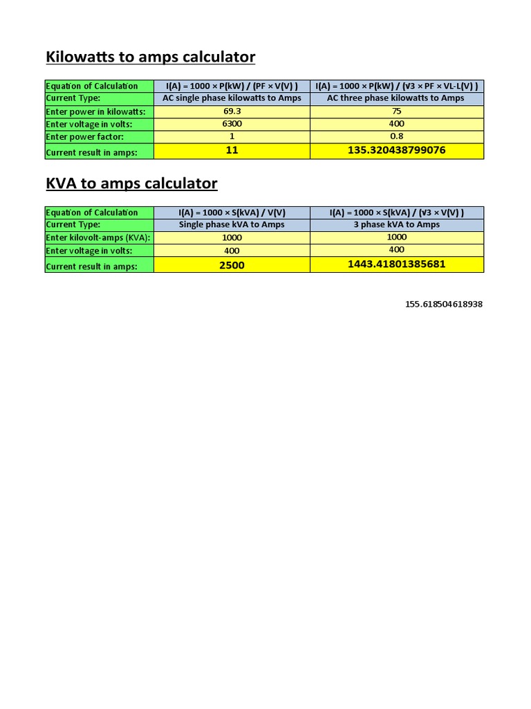 Calculator of KW or KVA To Amps | PDF