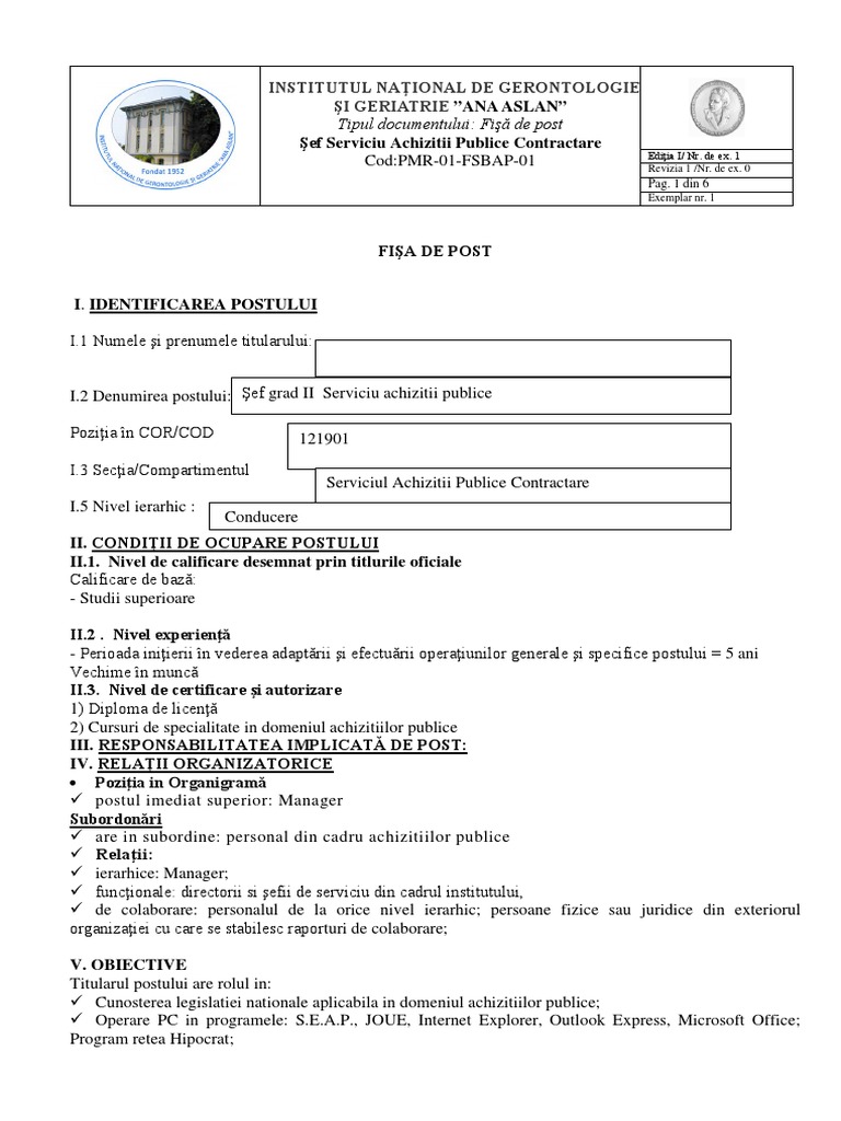 Fisa de Post Sef Serviciu Achizitii Publice Cadru | PDF