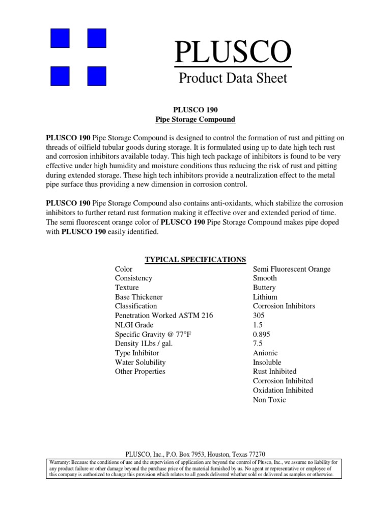 Plusco190 Pipe Dopes Pipe Storage Compound | PDF | Rust | Corrosion