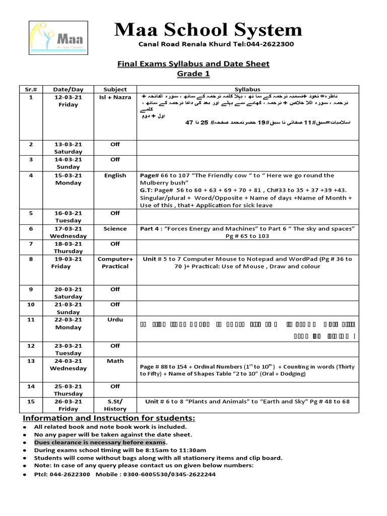 Maa School System: Final Exams Syllabus and Date Sheet Grade 1 | PDF