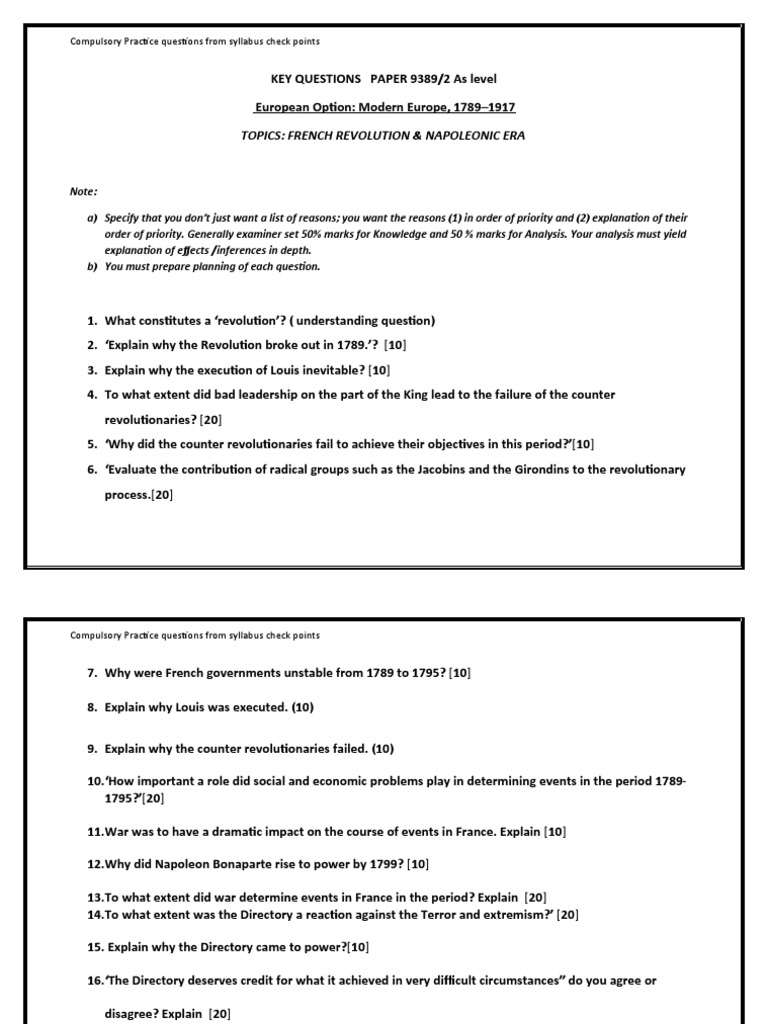 Paper 2 Questions French Rev & Napoleon WwI | PDF | Napoleon | French ...