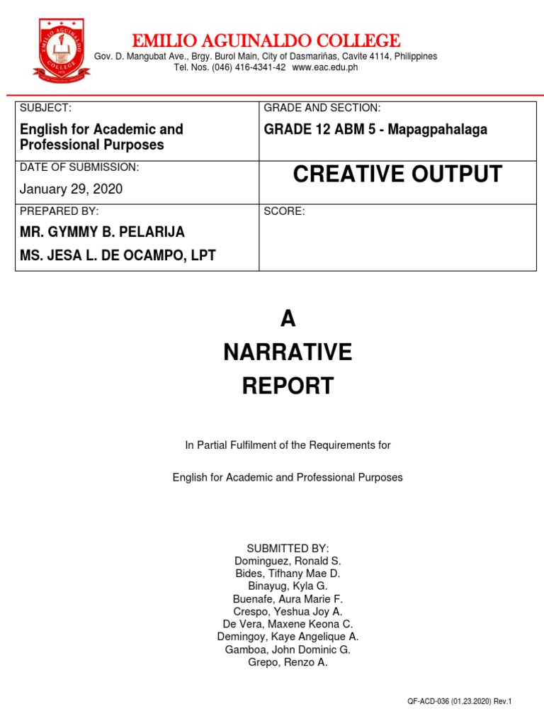 Creative Output: Emilio Aguinaldo College | PDF | Educational ...