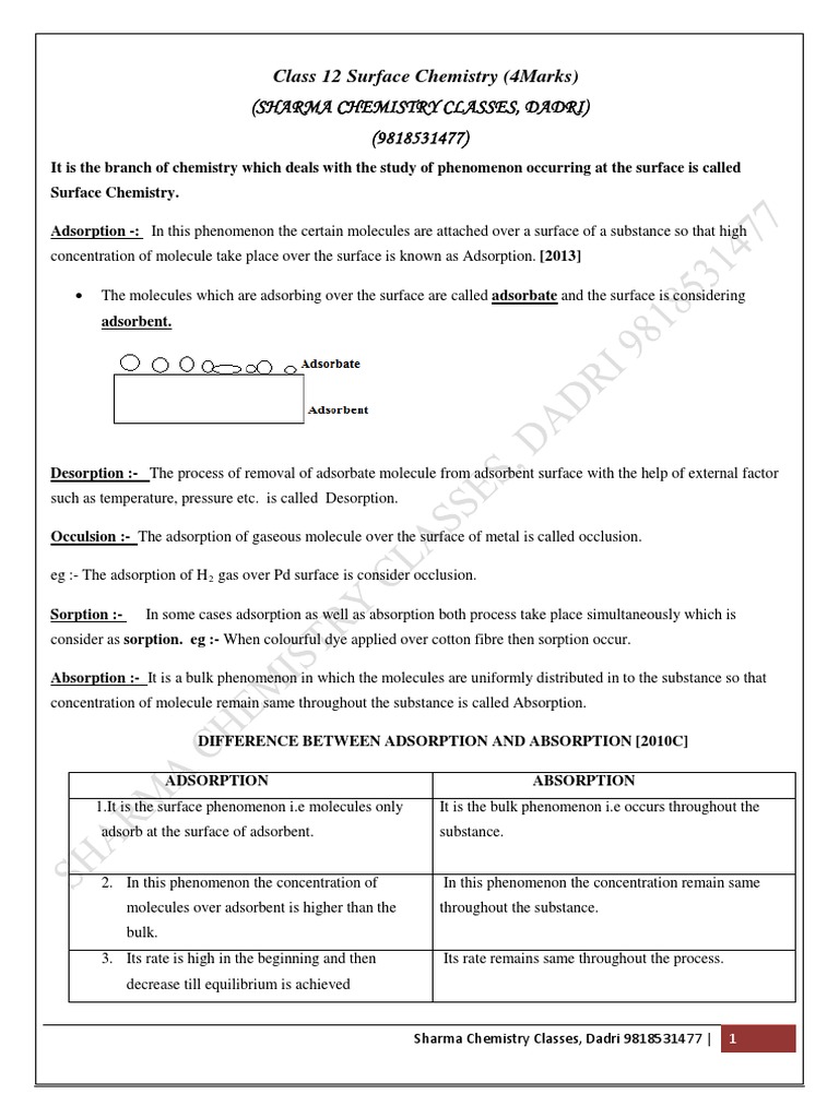 Surface Chemistry Notes - 2020-21 | PDF | Adsorption | Catalysis