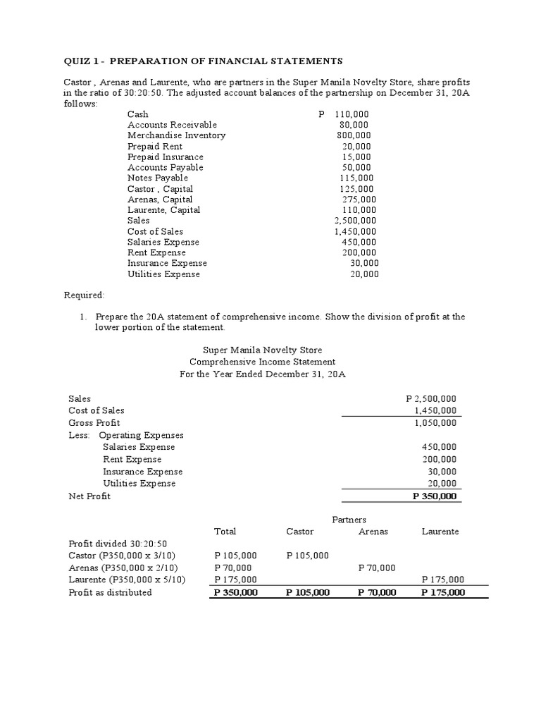 QUIZ 1 - Preparation of Financial Statements | PDF | Balance Sheet ...