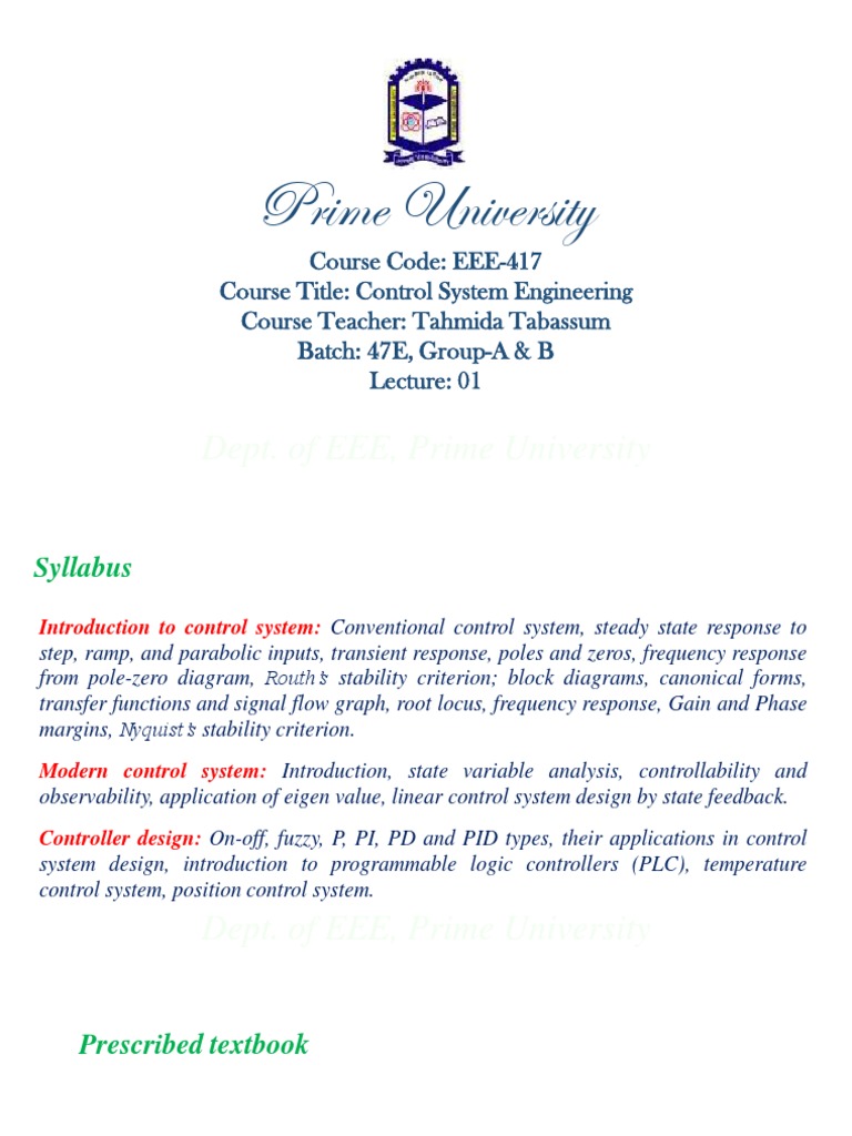 Dept. of EEE, Prime University | PDF | Control Theory | Control System
