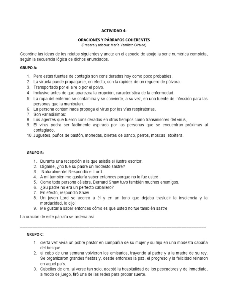 Oraciones y Parrafos Coherentes Con Respuestas 2 | PDF | Asunto ...