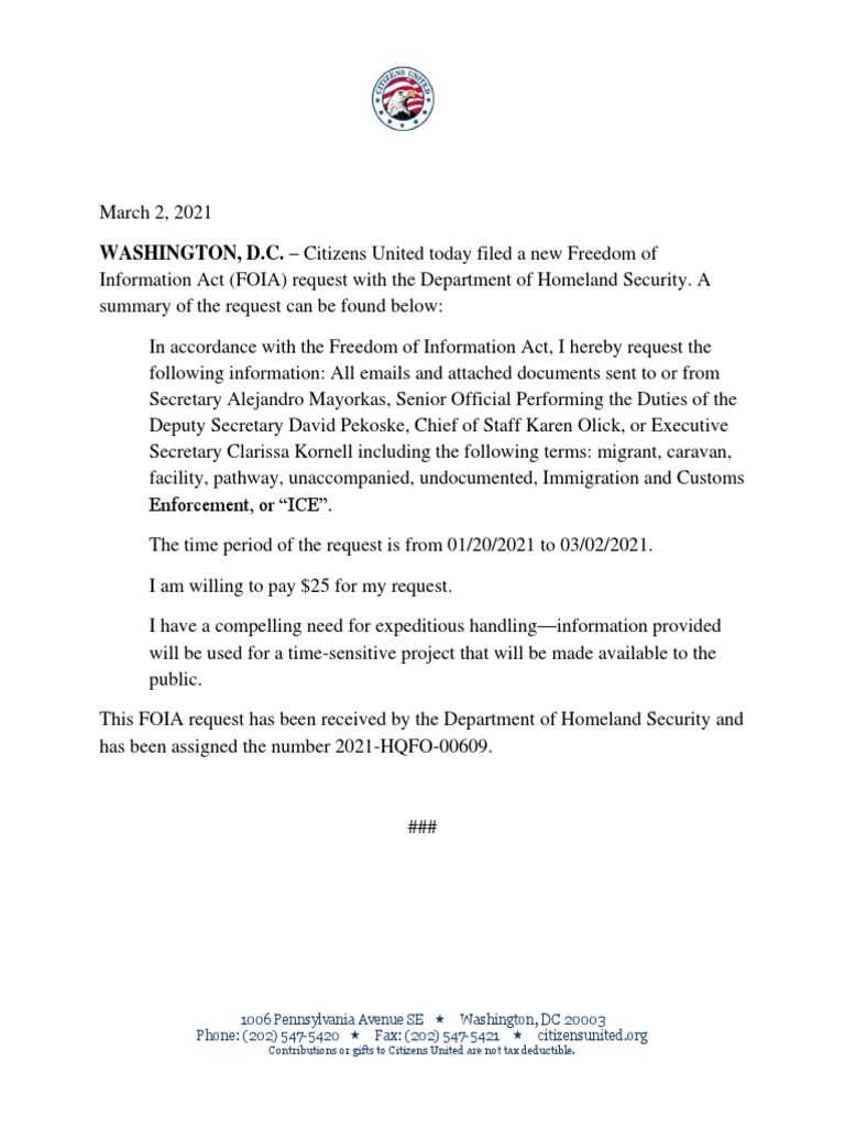 Citizens United Department of Homeland Security FOIA Request (March 2 ...