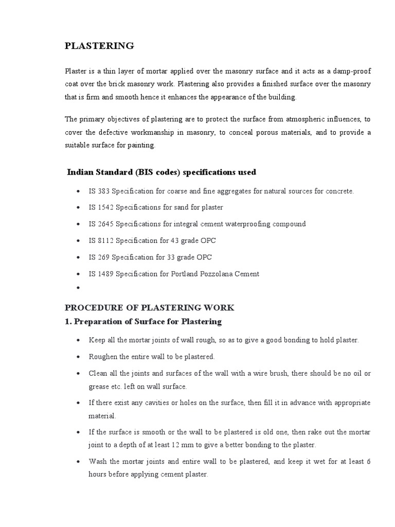 Plastering: Indian Standard (BIS Codes) Specifications Used | PDF ...