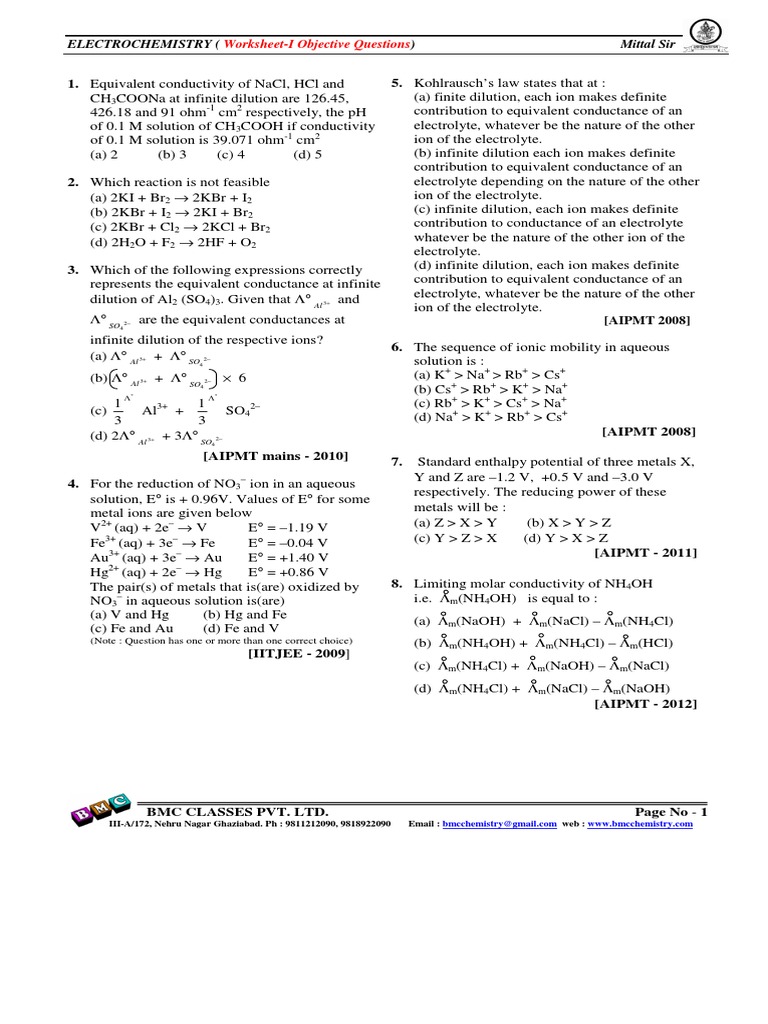 Electrochemistry Worksheet-1 Objective 05.04 | PDF | Chemistry ...
