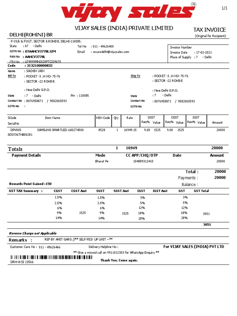 Tax Invoice Vijay Sales (India) Private Limited: Delhi (Rohini) BR ...