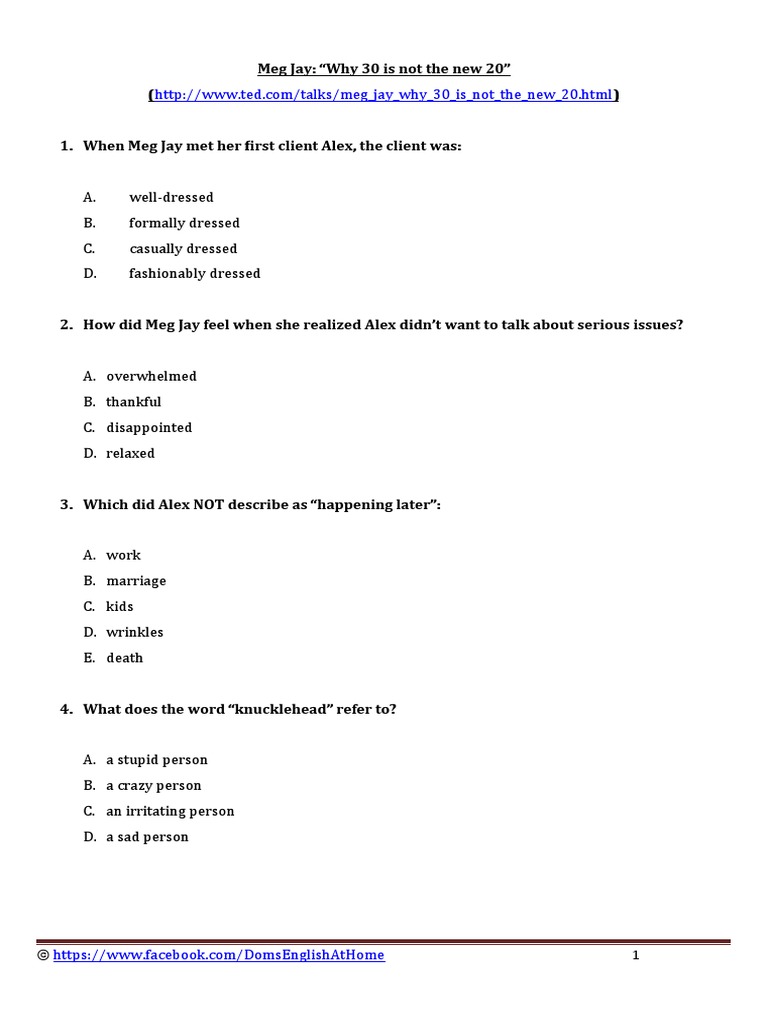 Movie Worksheet TED - Why 30 Is Not The New 20 | PDF | Language Arts ...
