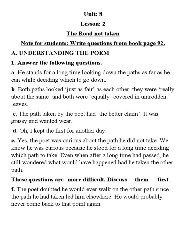 The Road Not Taken Question Answers | PDF