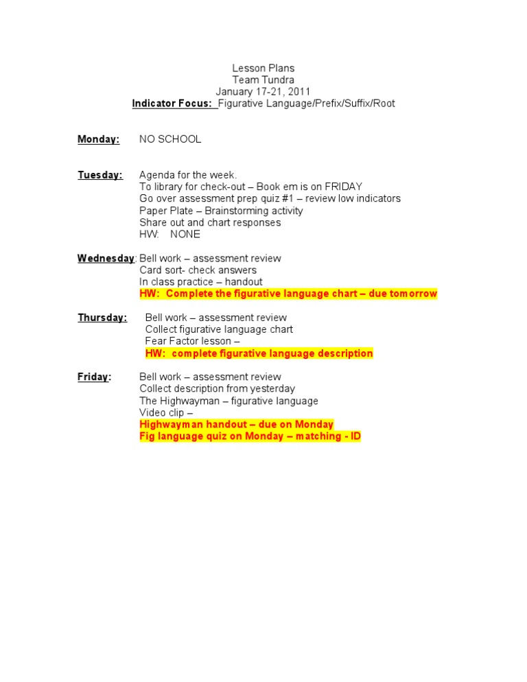 Indicator Focus: Figurative Language/Prefix/Suffix/Root: HW: Complete ...