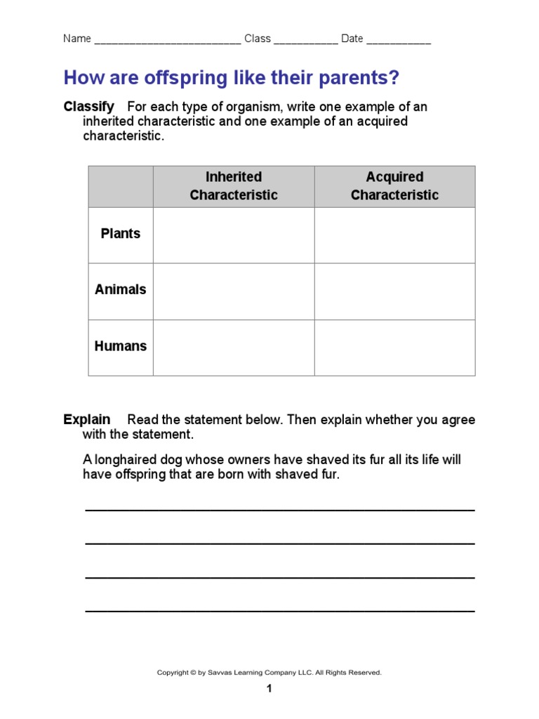 How Are Offspring Like Their Parents?: Classify For Each Type of ...