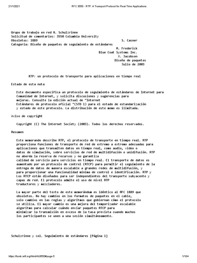Rfc 3550 Rtp A Transport Protocol For Real Time Applications Pdf Estándares De Red Red