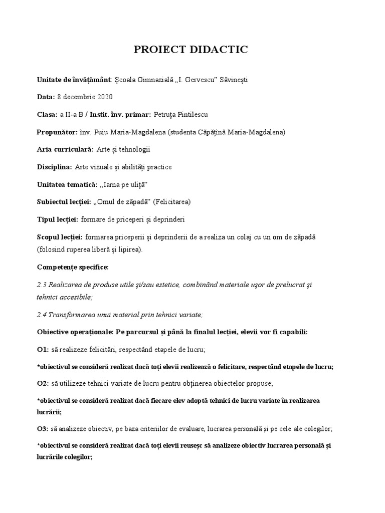 Proiect Didactic - AVAP | PDF