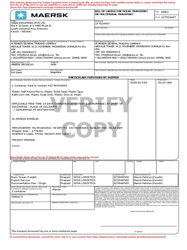 Maersk Bill Of Lading Sample