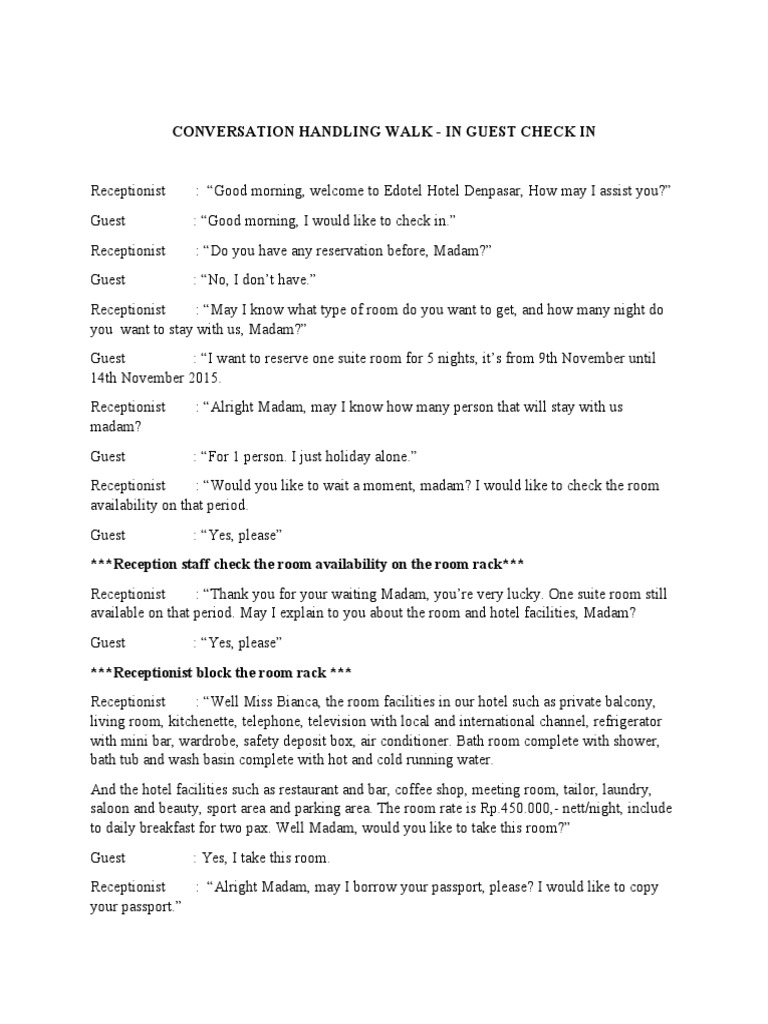 Hotel Check-In Conversation Script | PDF | Business | Business