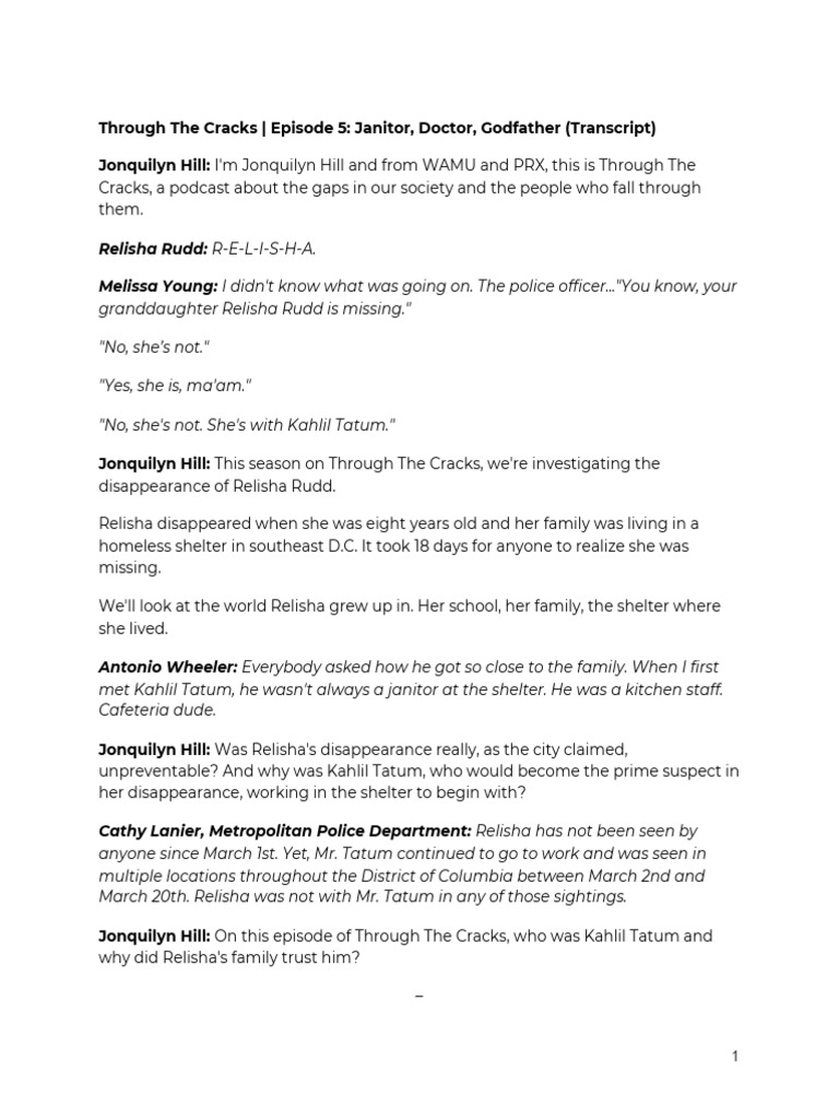 Through The Cracks - Episode 5: Janitor, Doctor, Godfather (Transcript ...