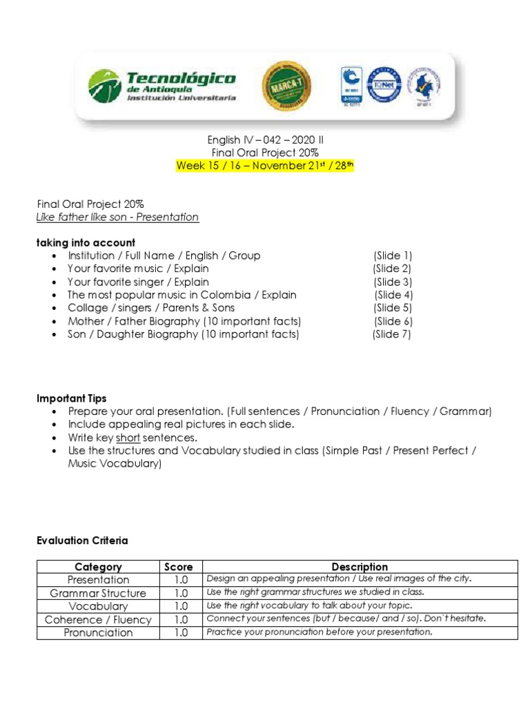 Tdea - English IV - 042 - Final Oral Project 20% - 2020 II | PDF