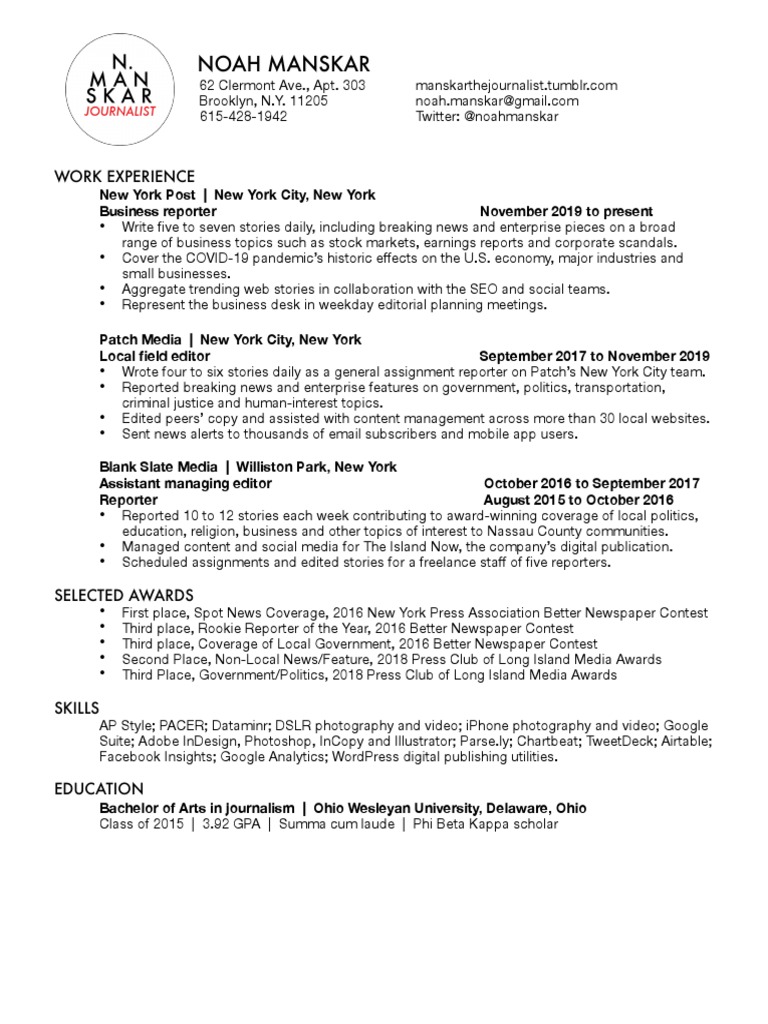 Noah Manskar - 2020 Résumé | PDF | Newspapers | News