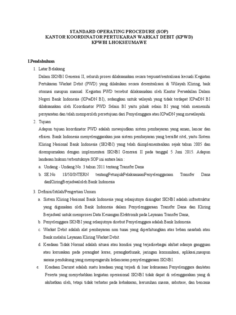 STANDAR OPERASIONAL PROSEDUR (SOP) KOORDINATOR PERTUKARAN WARKAT DEBIT ...