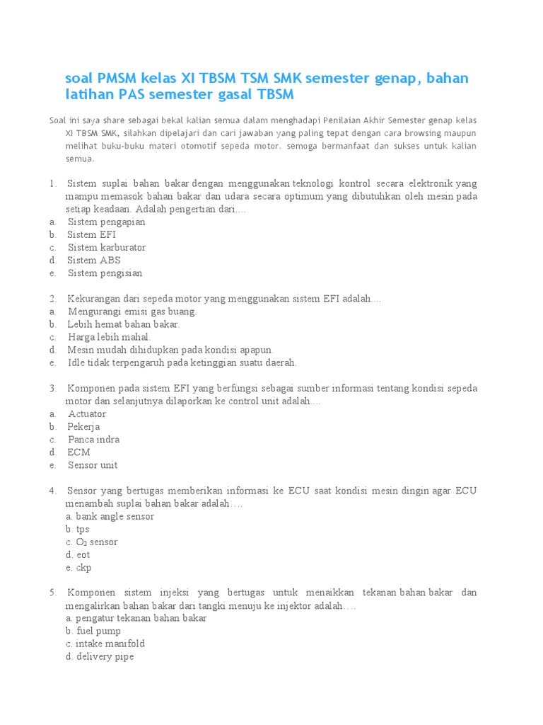 Soal PMSM Kelas XI TBSM TSM SMK Semester Genap | PDF | Teknologi & Rekayasa