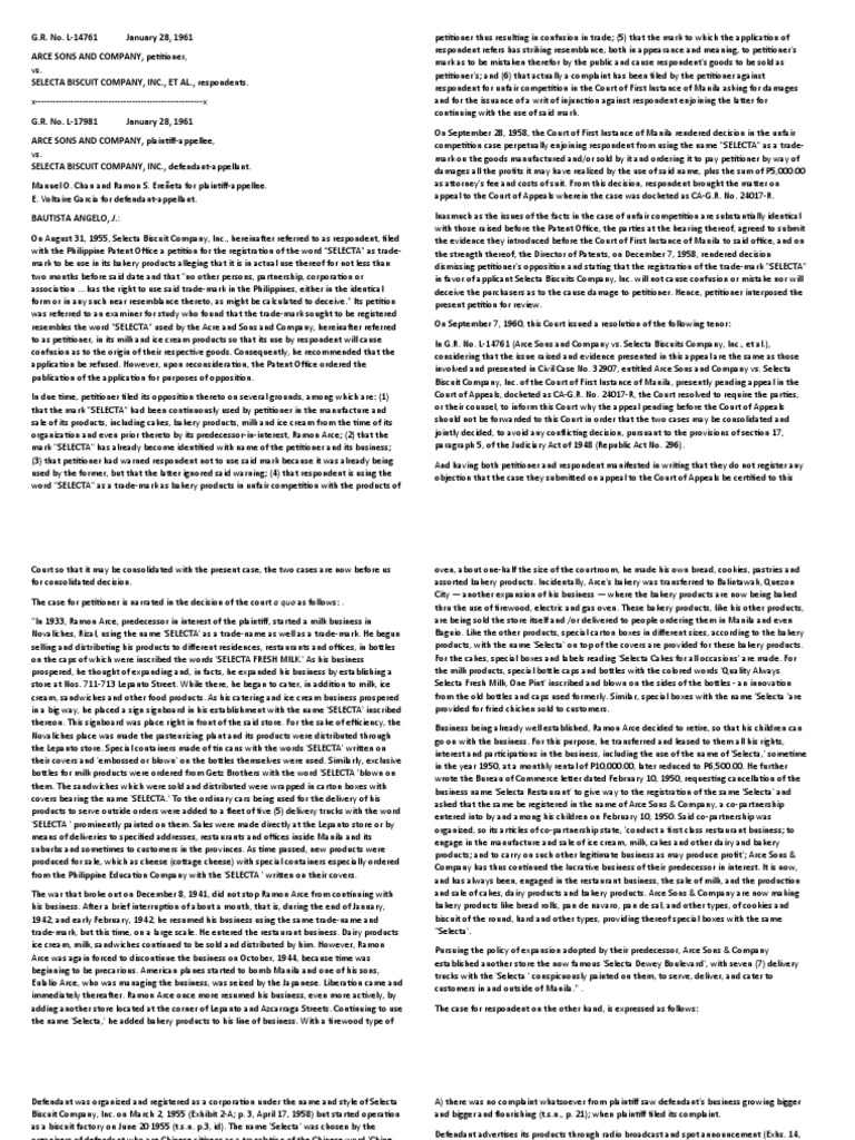 Arce Sons and Co. vs. Selecta Biscuit Co., Inc. | PDF