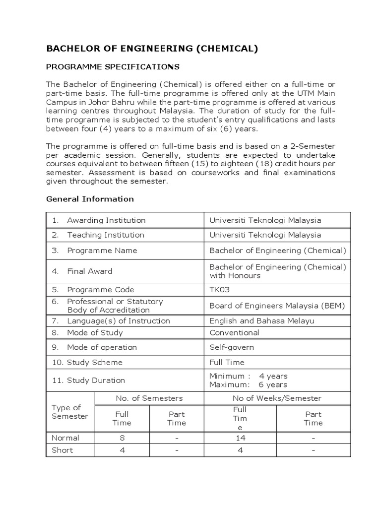 Bachelor of Engineering (Chemical) : Programme Specifications | PDF ...