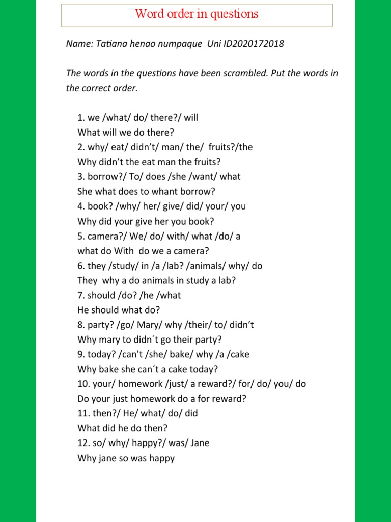 Word Order Exercises for Questions | PDF