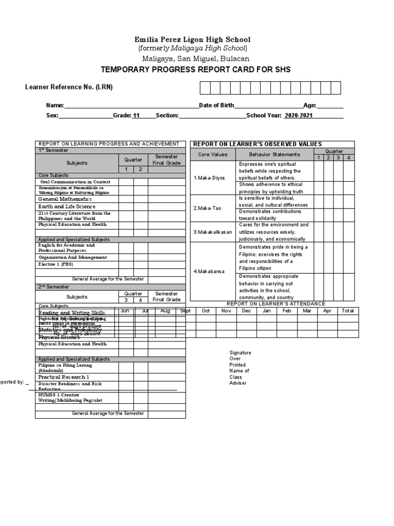 Temporary Progress Report Card For Shs Gas 11 | PDF | Philippines ...