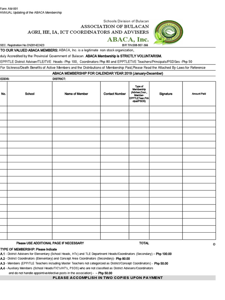 ABACA Membership Form Revised 2018-2-1 | PDF | Business