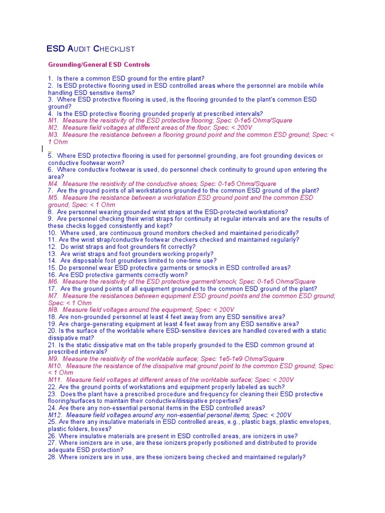 ESD Audit Checklist | PDF | Electrostatic Discharge | Audit