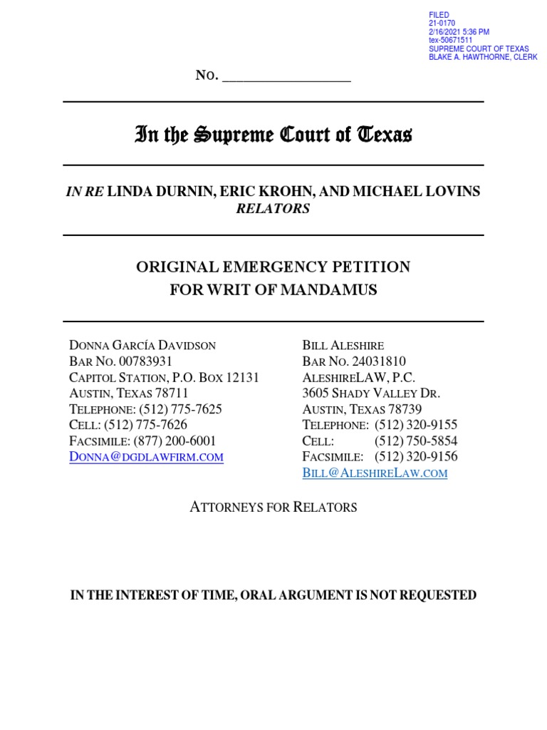 Supreme Court Original Emergency Petition For Writ of Mandamus With ...