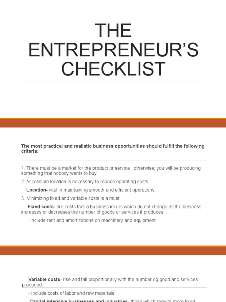 The Entrepreneur's Checklist | PDF | Swot Analysis | Market (Economics)