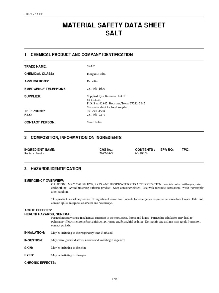 Material Safety Data Sheet Salt: 1. Chemical Product and Company ...