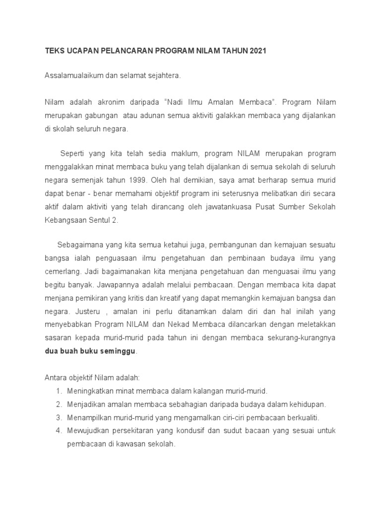 Teks Ucapan Pelancaran Program Nilam Tahun 2021 | PDF