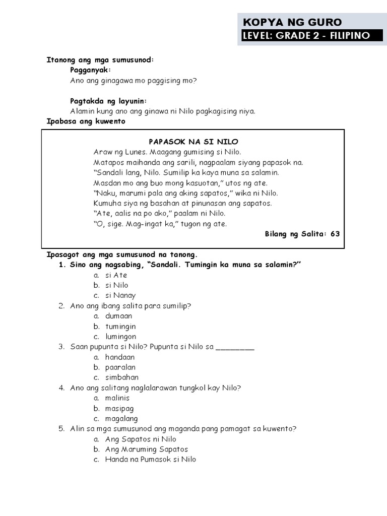 GRADE 2 FILIPINO Teachers | PDF