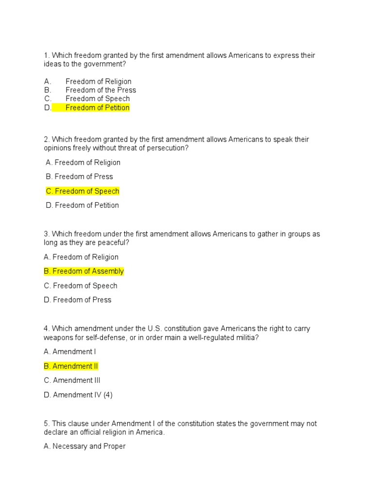 Amendments I - VIII Multiple Choice Review | PDF | First Amendment To ...