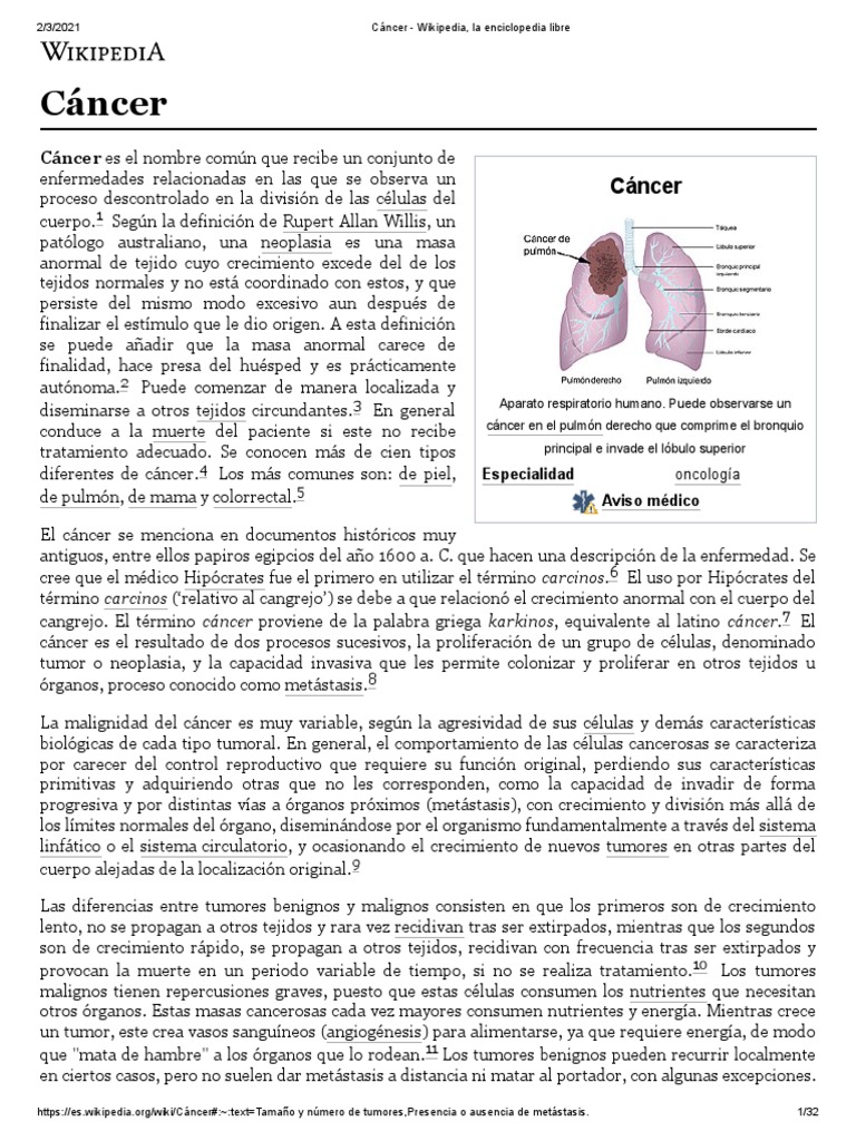 Cáncer - Wikipedia, La Enciclopedia Libre | PDF | Metástasis | Cáncer