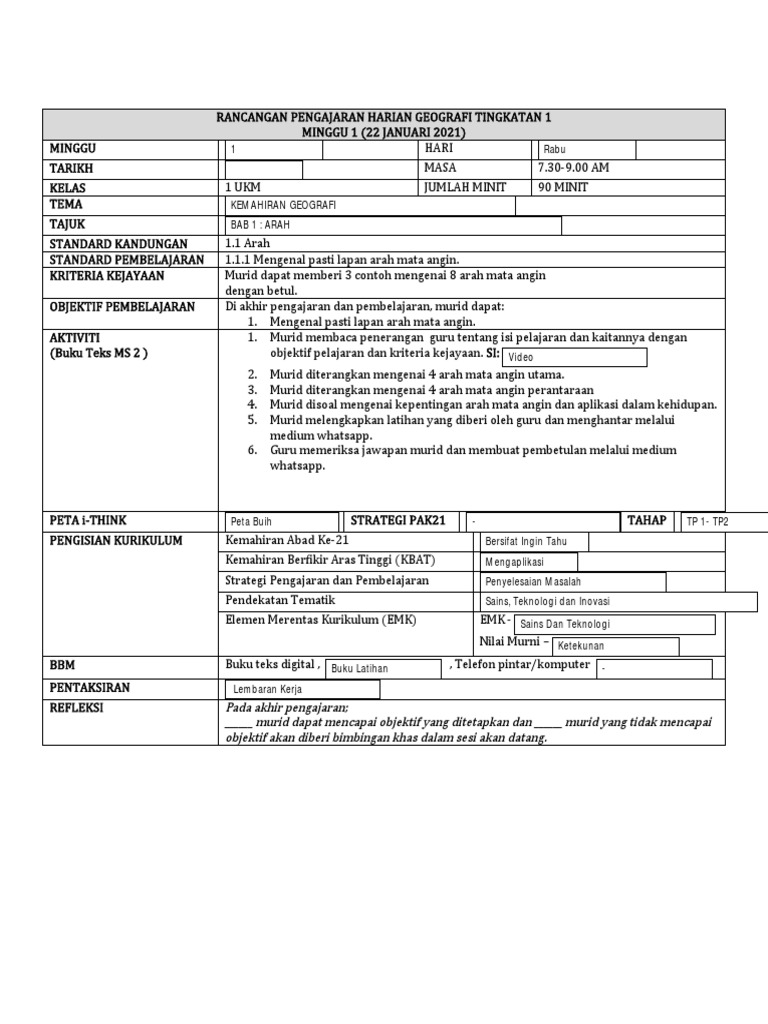 RPH Geografi Tingkatan 1 2021 Minggu 1 | PDF