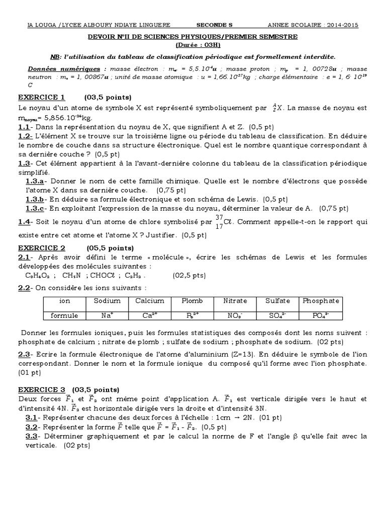 Devoir II 2nde LANL 14-15 | PDF | Atomes | Noyau atomique