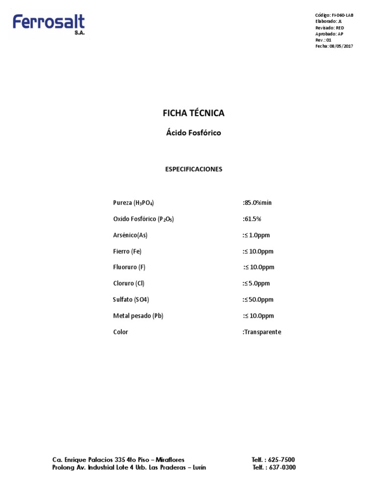 Ficha Técnica de Ácido Fosfórico | PDF