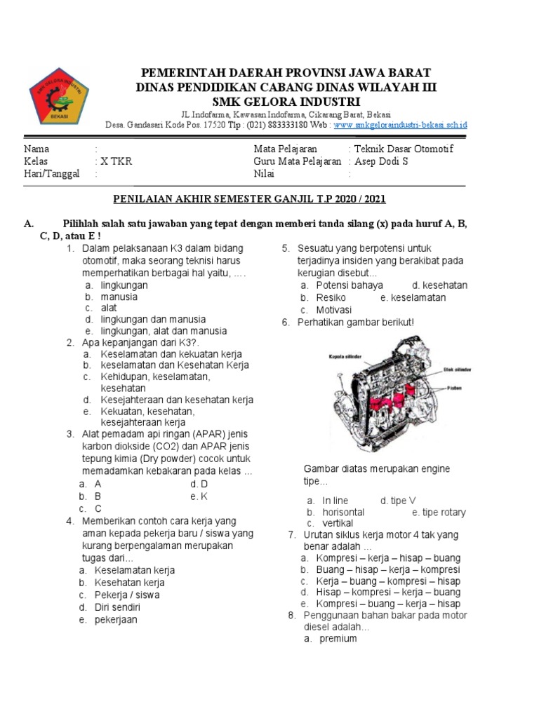 Soal PAS Ganjil 2020-2021 TDO Kelas X TKR - Asep DS | PDF