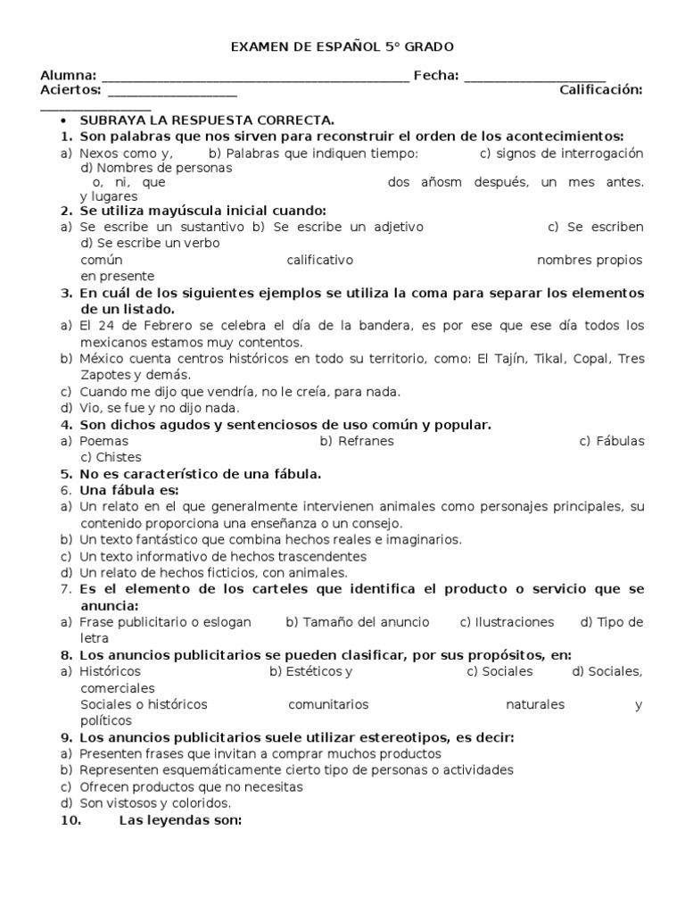 Examen de Español 5 | PDF | Coma | Escritura